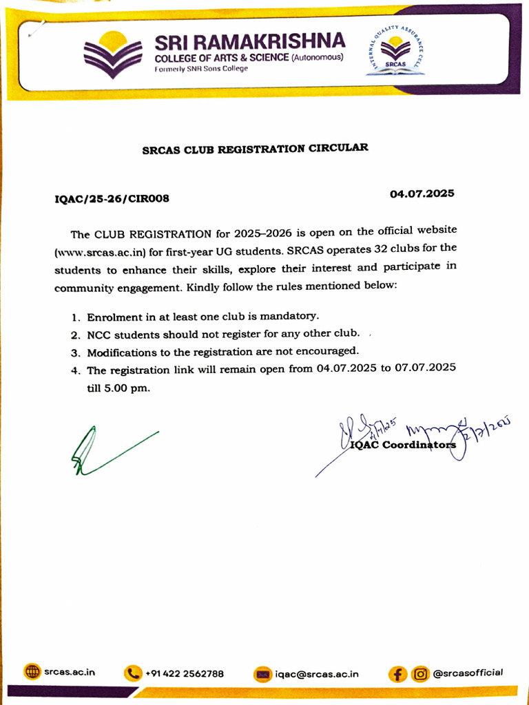 Iqac Circular - Srcas Club Registration 2025-26-250704 - 153652 | PDF
