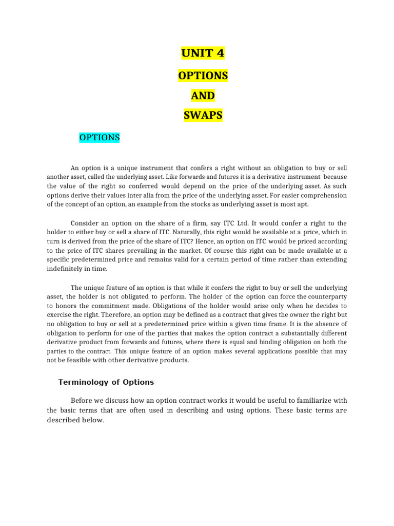 Unit 4 OPTIONS AND SWAPS | PDF | Option (Finance) | Swap (Finance)
