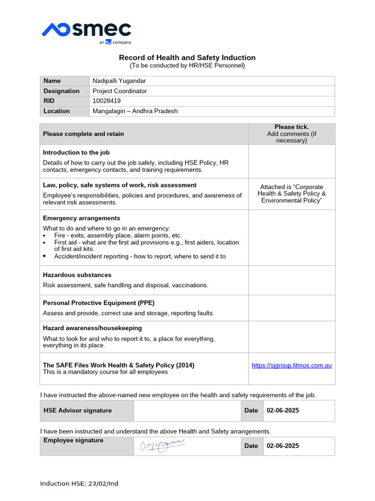 HSE Induction Attendance Form 25 | PDF | Occupational Safety And Health | First Aid