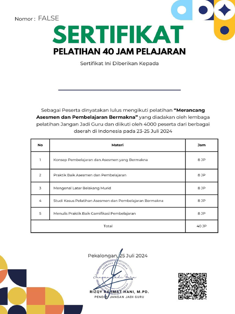 Sertifikat Pembelajaran Bermakna 40 JP | PDF