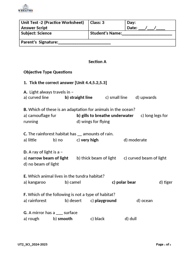 Unit Test - 2 Practice Worksheet Answer Script | PDF | Habitat | Desert