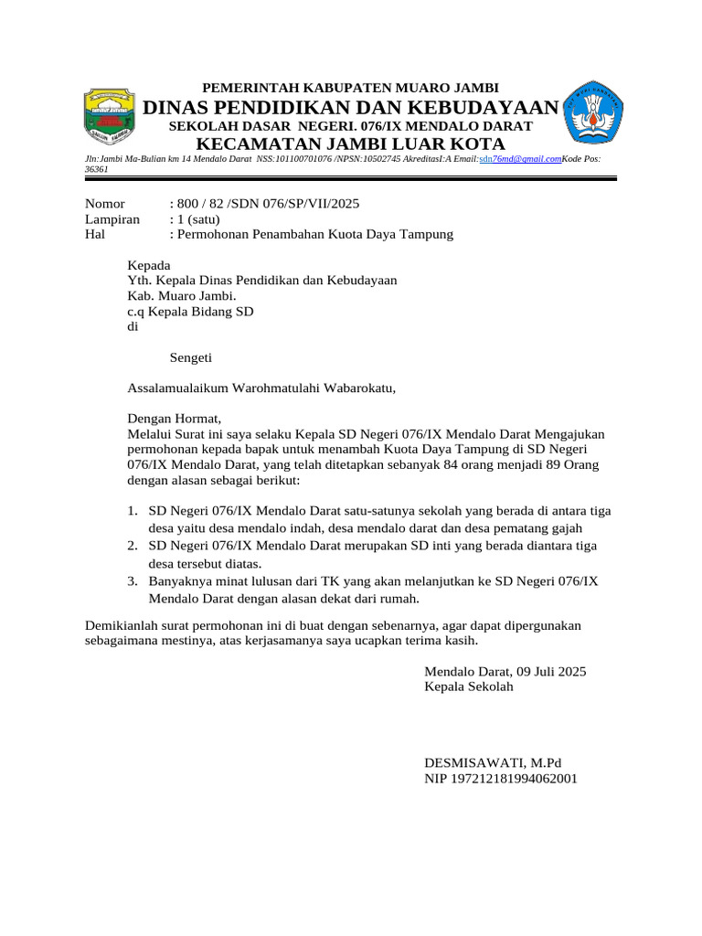 Surat Permohonan Penambahan Kuota - SDN 076IX Mendalo Darat | PDF