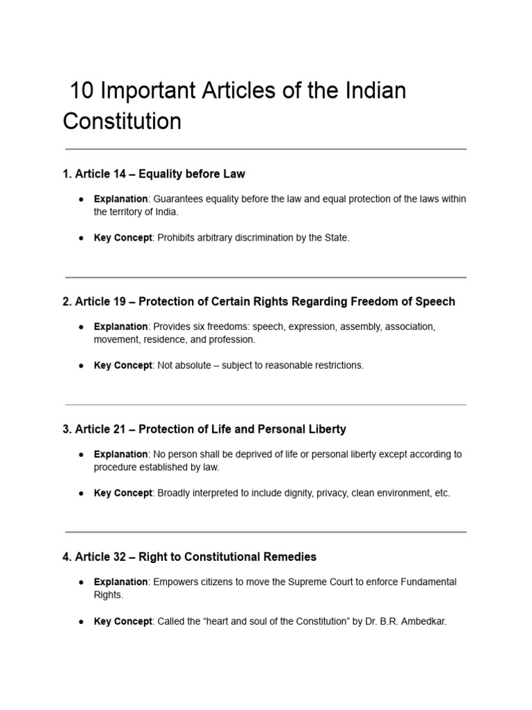 Key Articles of the Indian Constitution | PDF | Constitutional Law ...