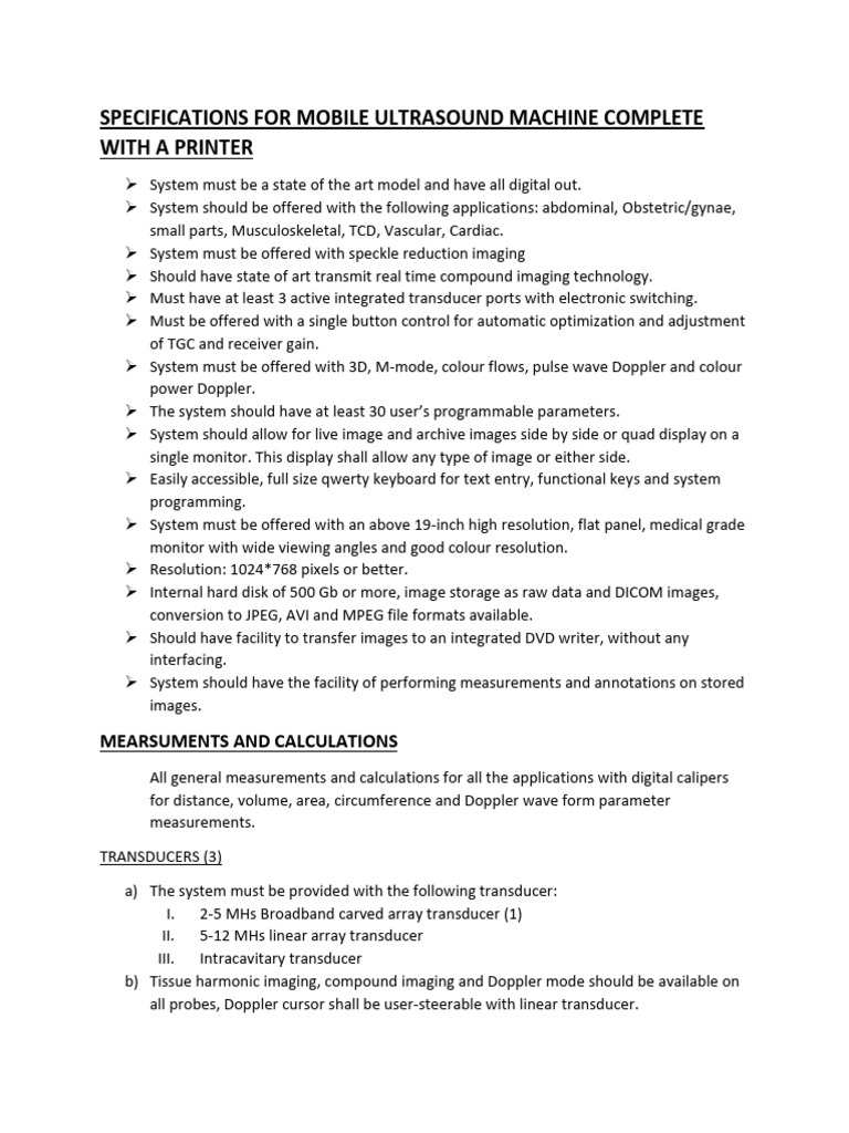 Mobile Ultrasound Machine Specifications | PDF | Medical Ultrasound ...