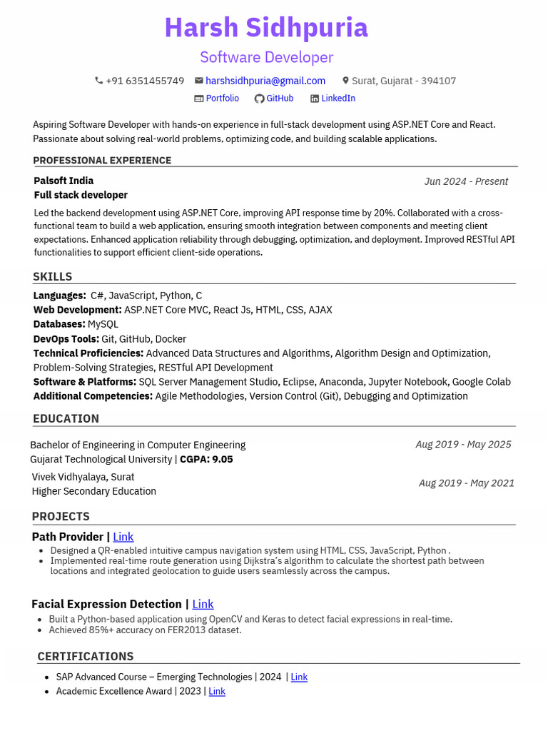 Software Developer Profile: Harsh Sidhpuria | PDF | Software Engineering | Systems Architecture