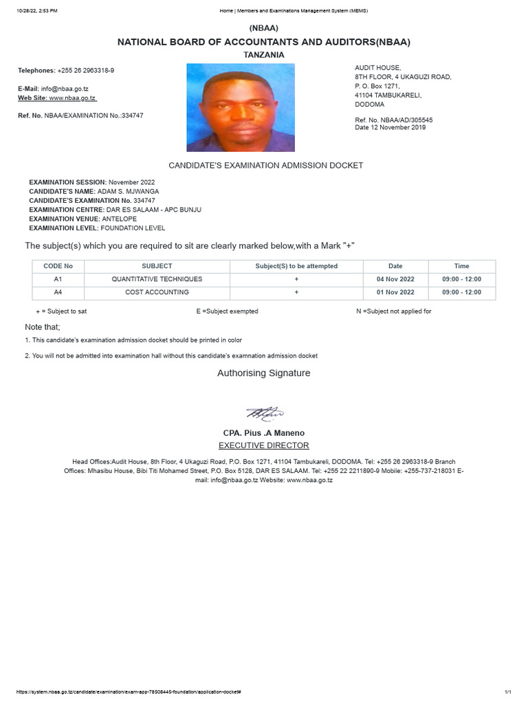 NBAA MEMS Examination Admission Docket | PDF | Financial Services ...