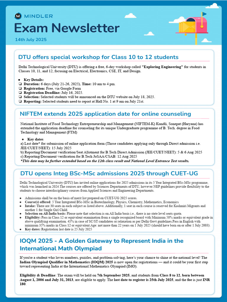 Mindler Exam Newsletter 14th July, 2025 | PDF | University And College ...