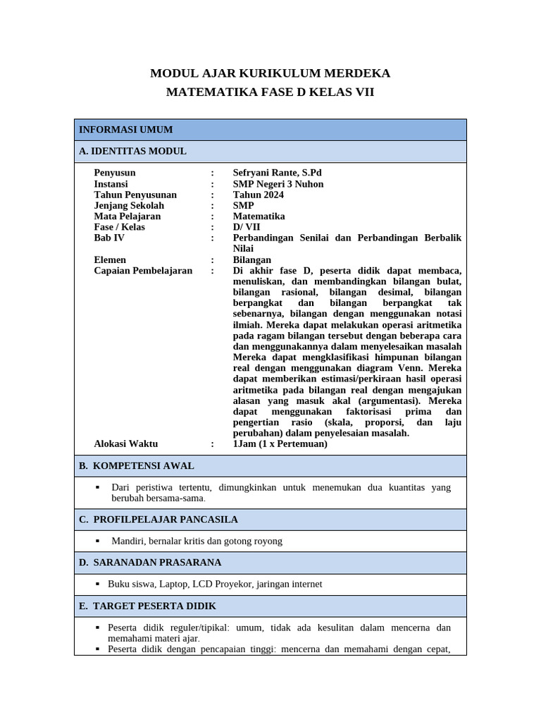 Modul Ajar Matematika Bab 4 Kelas 7 | PDF