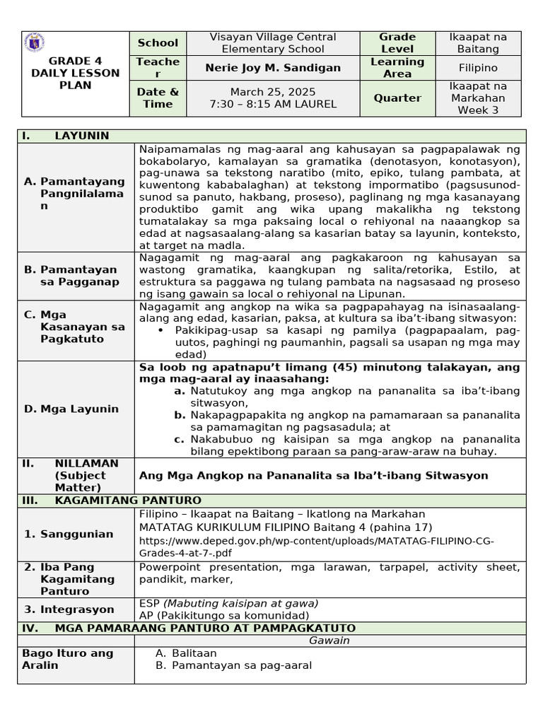Lesson Plan 10 - Filipino 4 | PDF