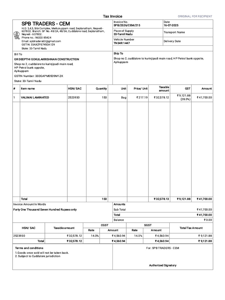 GR Deepthi Gokulakrishnan Construction - SPB 2526 Cem 215 - 16!07!2025 - Original | PDF | Trade ...