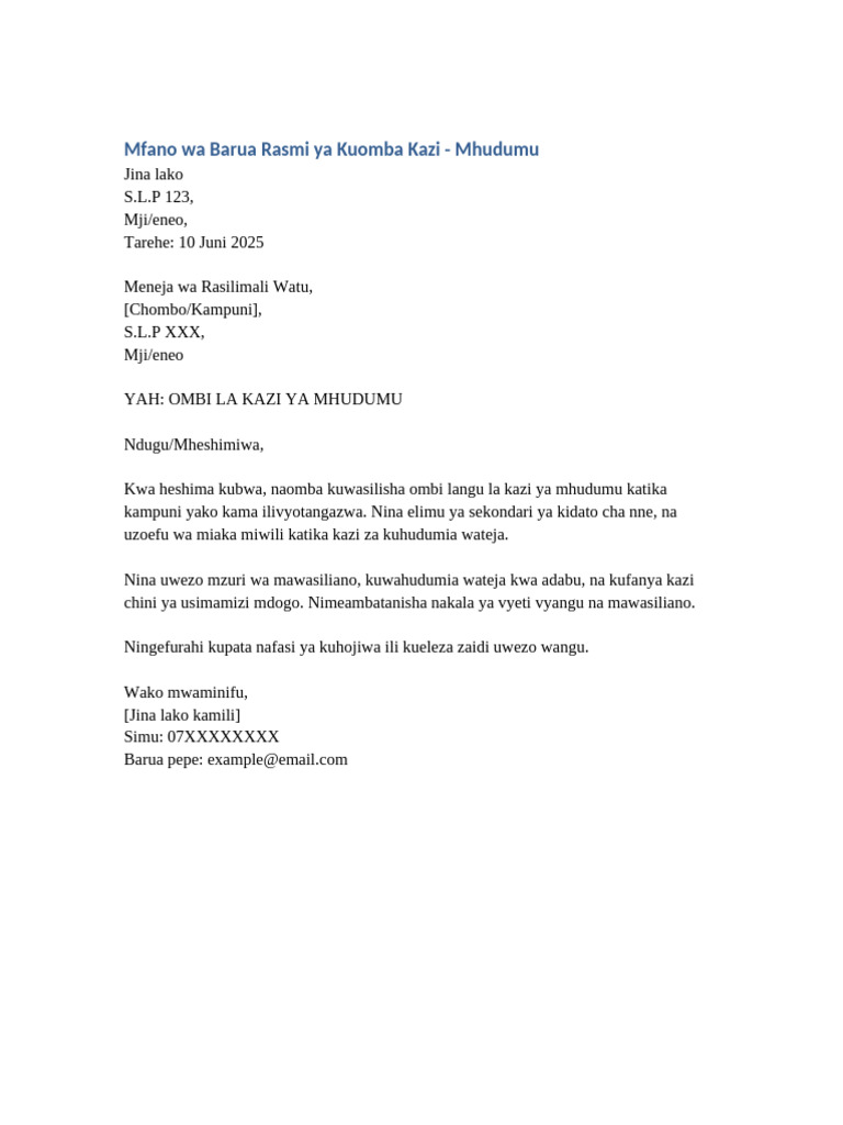 Mifano Ya Barua Rasmi Ya Kuomba Kazi | PDF