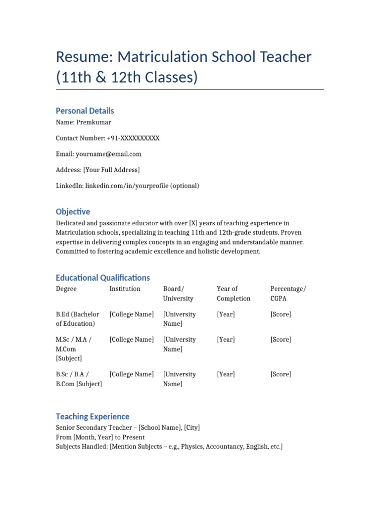 Matriculation Teacher Resume Template | PDF | Teachers | Schools