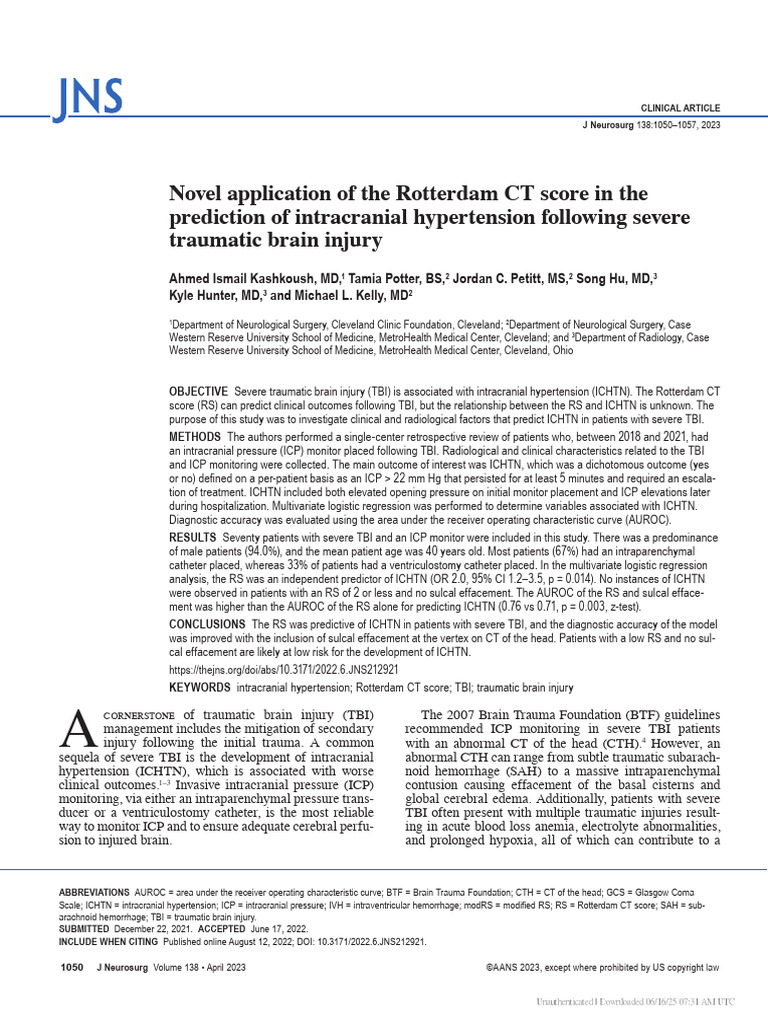Rotterdam CT Score Predicts ICHTN in TBI | PDF | Traumatic Brain Injury ...