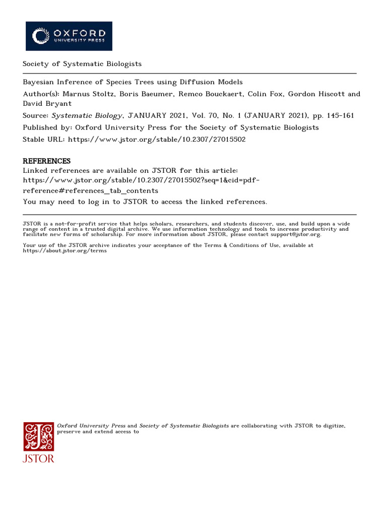 Bayesian Inference of Species Trees Using Diffusion Models | PDF | Phylogenetics | Evolution