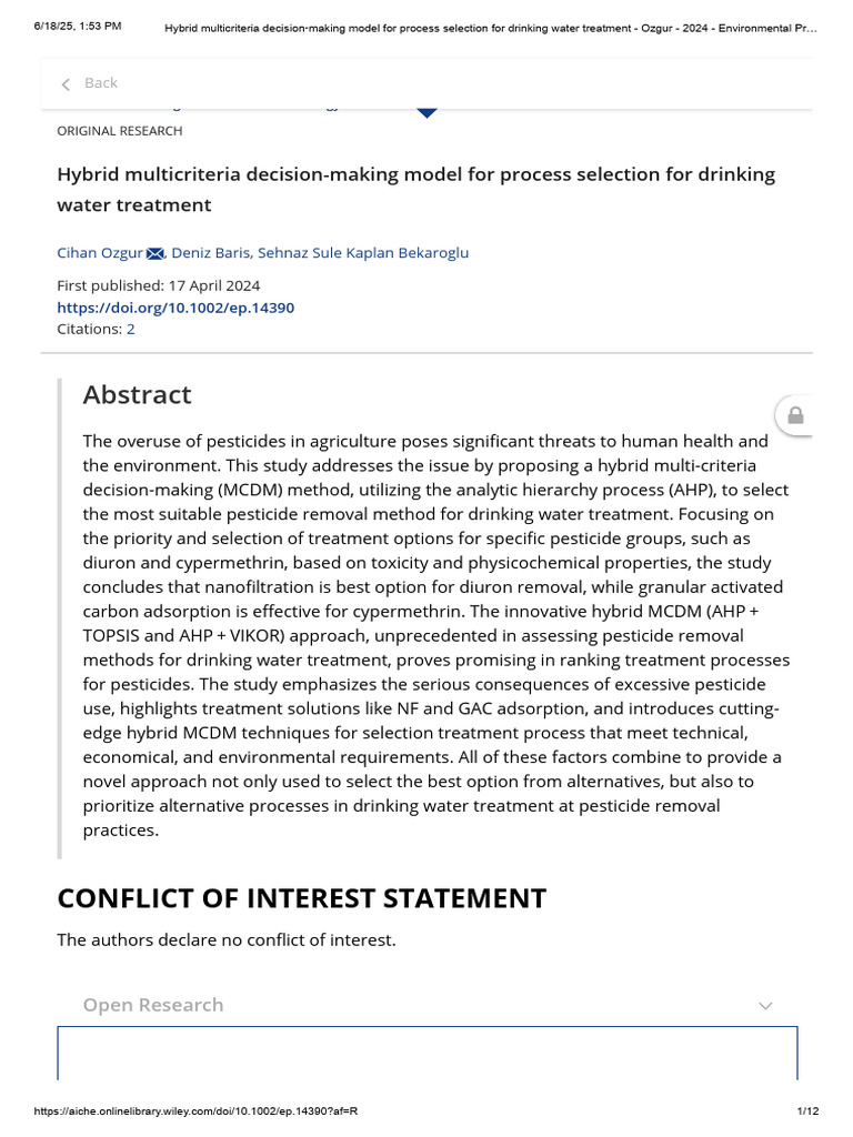 Hybrid Multicriteria Decision Making Model For Process Selection For Drinking Water Treatment ...