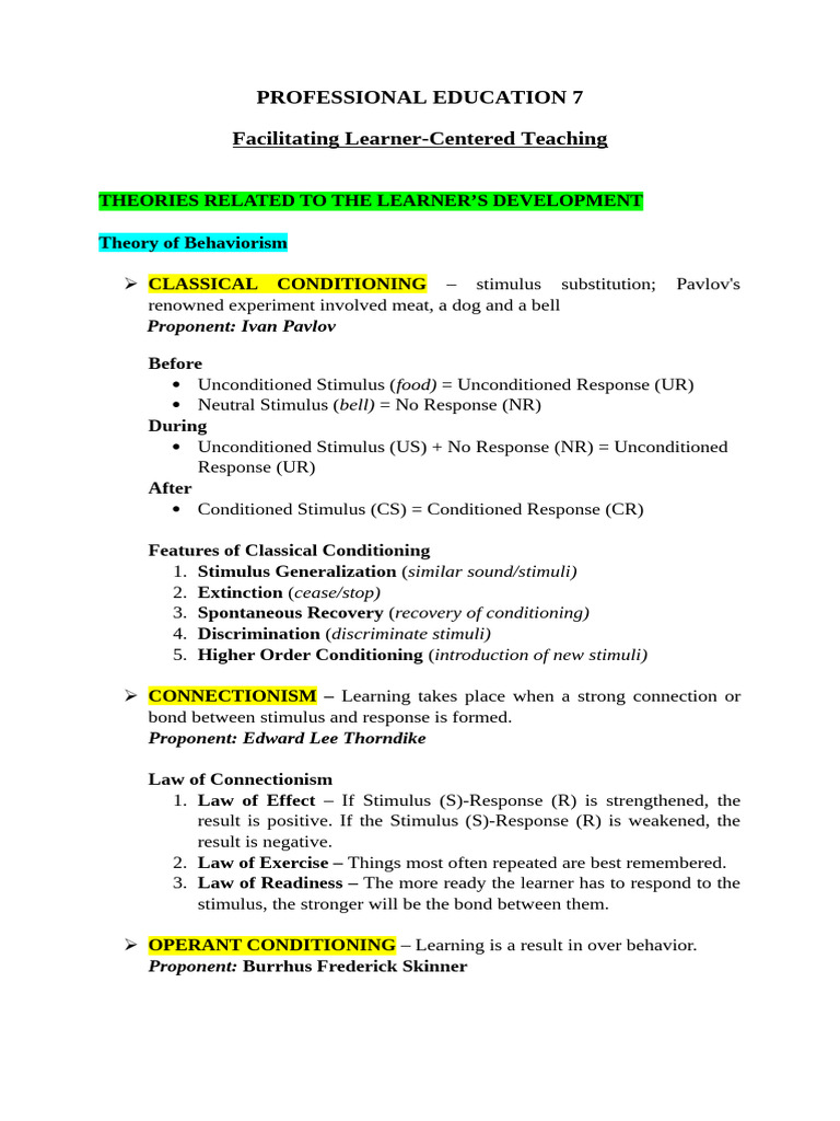 PED 7 - Facilitating Learner-Centered Teaching | PDF | Classical Conditioning | Learning