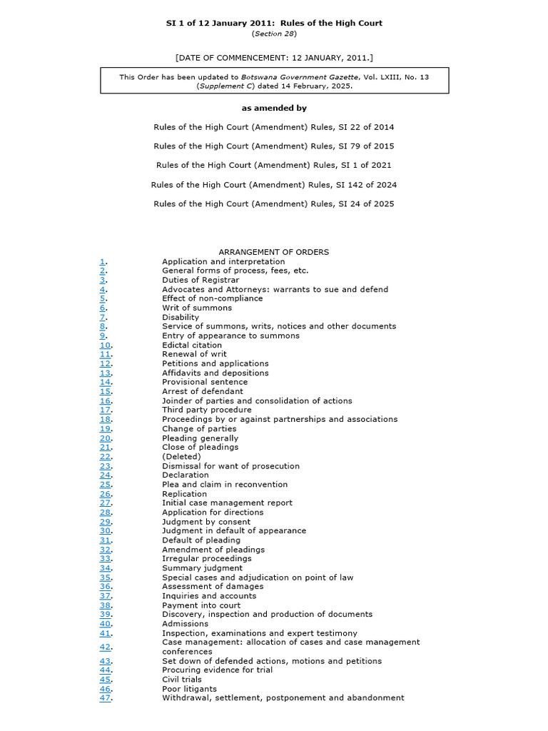 High Court Rules of Botswana 2011 | PDF | Judgment (Law) | Summons