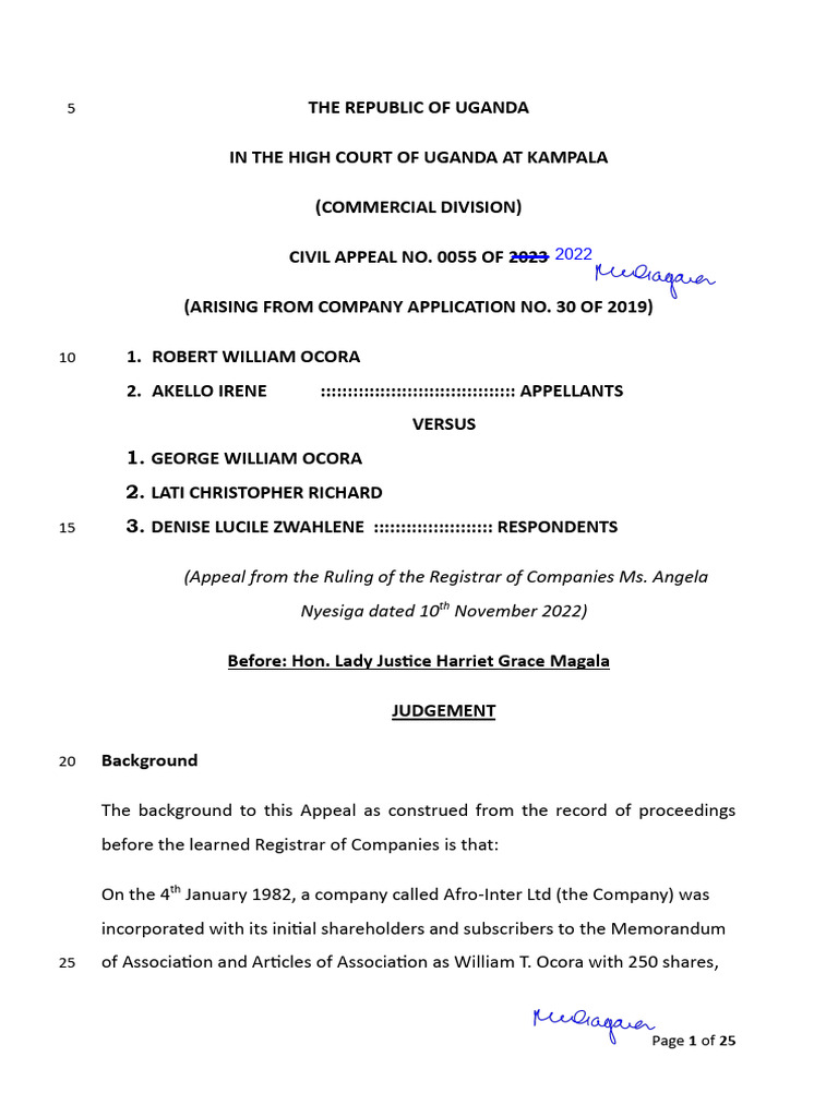 Ocora Another V Ocora 2 Others (Civil Appeal 55 of 2022) 2024 UGCommC ...