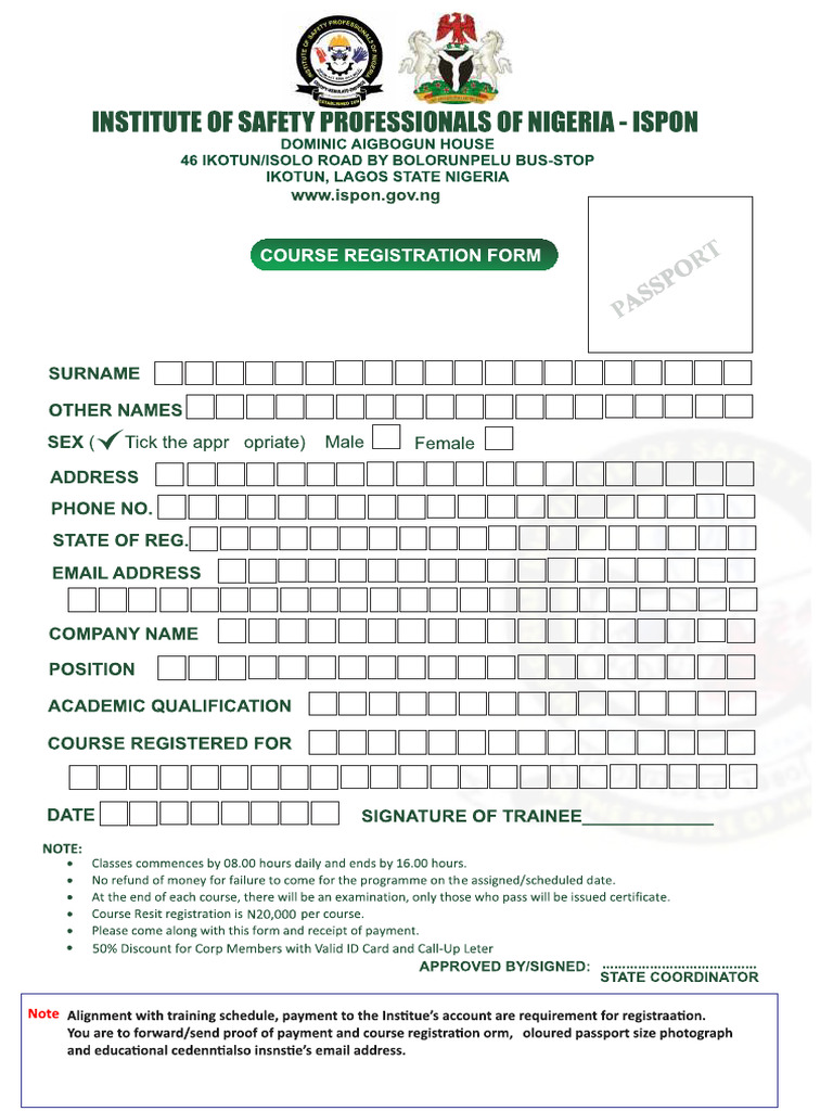 Ispon - Course Reg Form Nat-1 | PDF