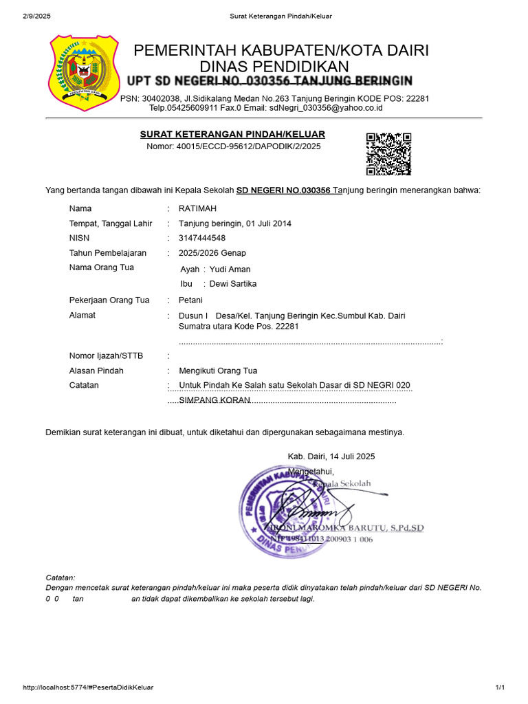 Contoh Surat Mutasi Dapodik Siswa | PDF