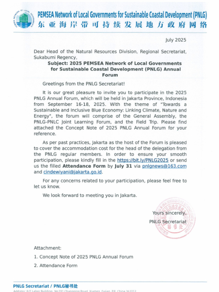 Invitation Letter To 2025 PNLG Annual Forum (Head of The Natural ...