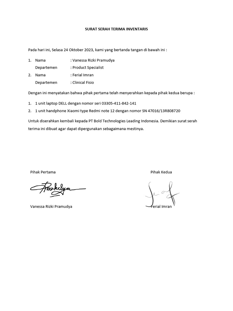 Surat Serah Terima Inventaris 2023 | PDF