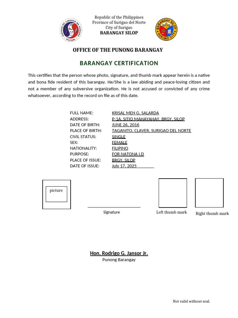 Barangay Certification for National ID | PDF