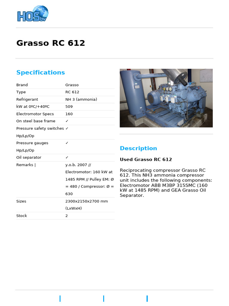 Used Grasso RC 612 Ammonia Compressor | PDF