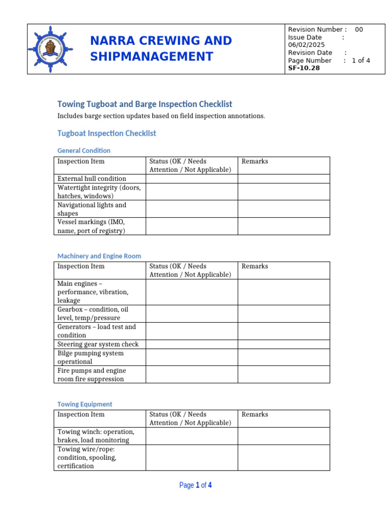 SF-10.28 Towing Tugboat and Barge Inspection Checklist | PDF | Water ...