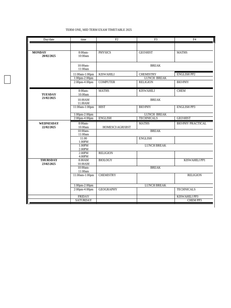 Mid Term Exam Timetable 2025 | PDF