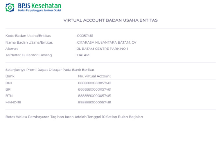 Virtual Account Badan Usaha - Citarasa Nusantara Batam, CV - 00057481 | PDF