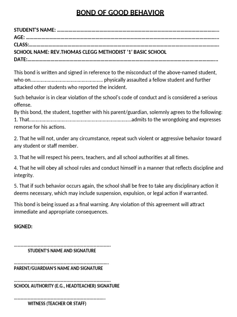Student Behavior Bond Agreement | PDF