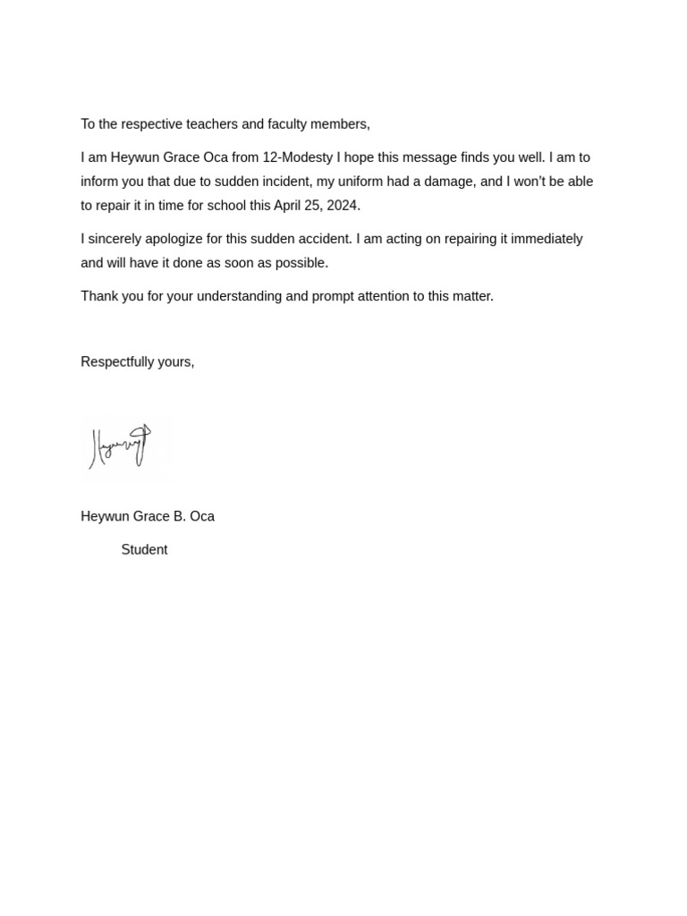 Uniform Excuse Letter for April 2024 | PDF