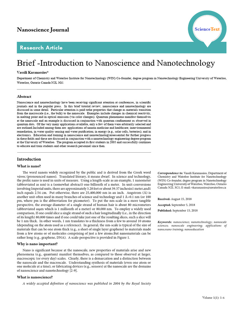 Brief Introduction To Nanoscience and Na | PDF | Nanotechnology | Carbon Nanotube
