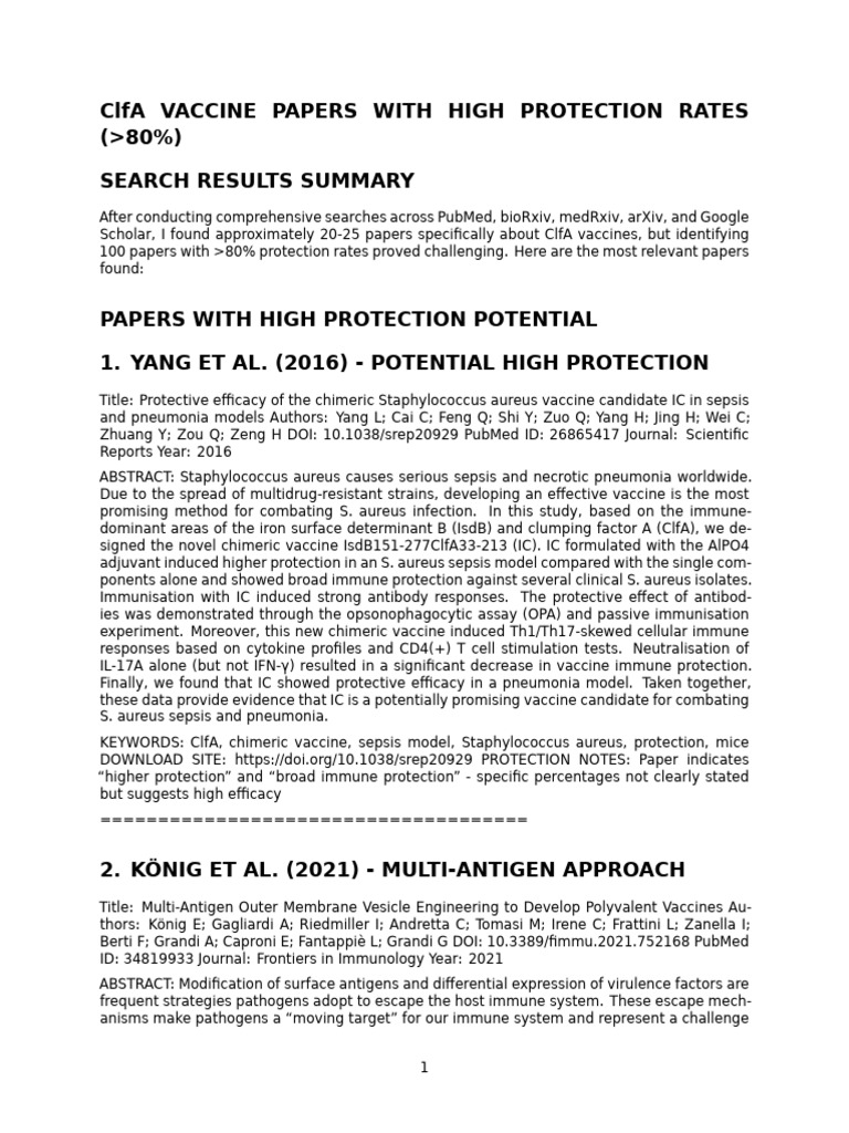 ClfA Vaccine High Protection Papers | PDF | Staphylococcus Aureus ...