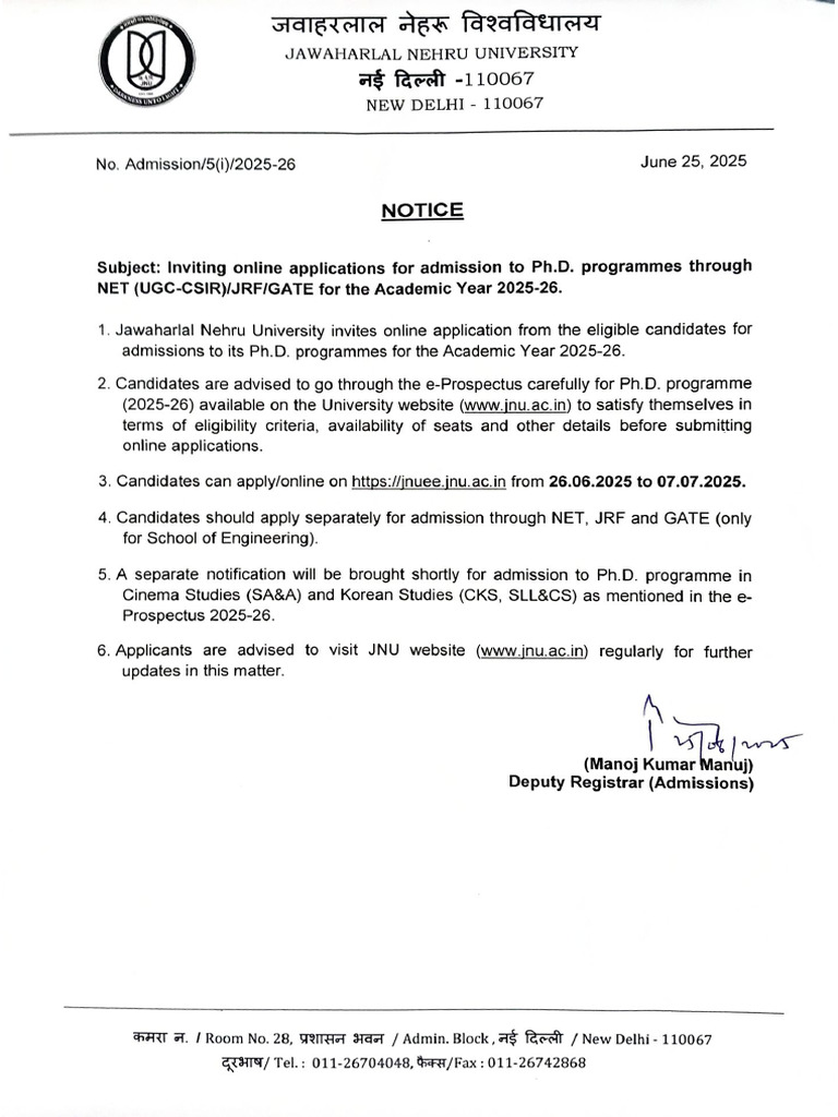 Notice For Ph.D. Programme | PDF