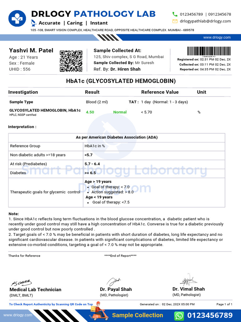 HbA1c Test Report Sample Format | PDF | Glycated Hemoglobin | Tissue ...