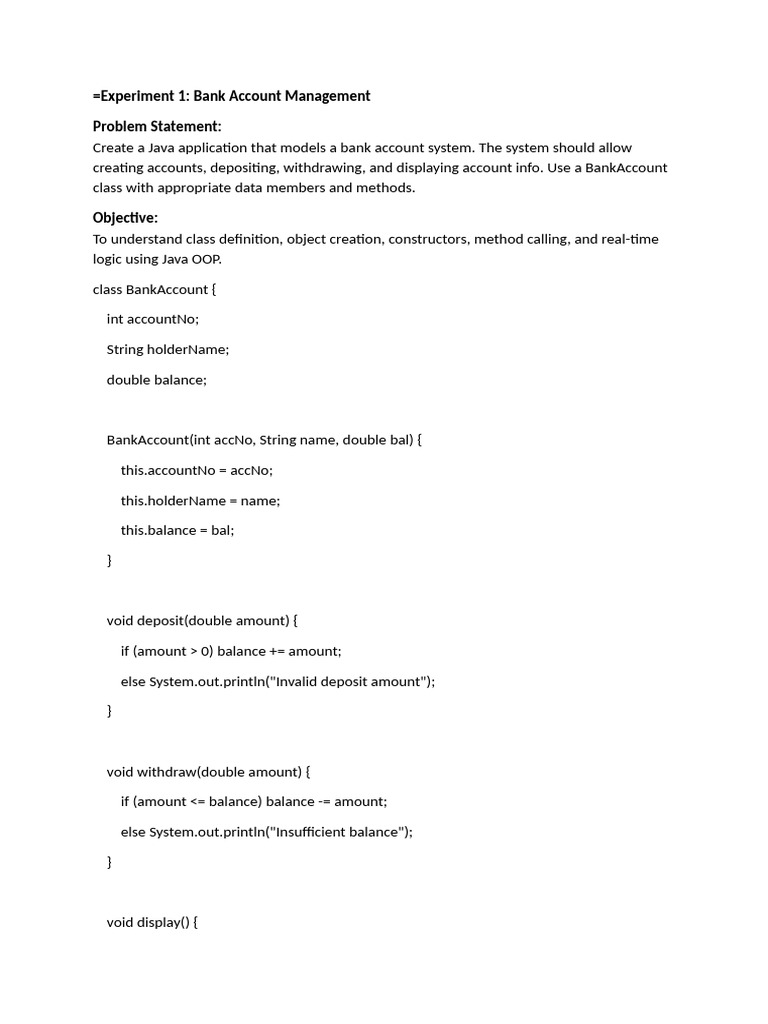 Java Bank Account Management System | PDF