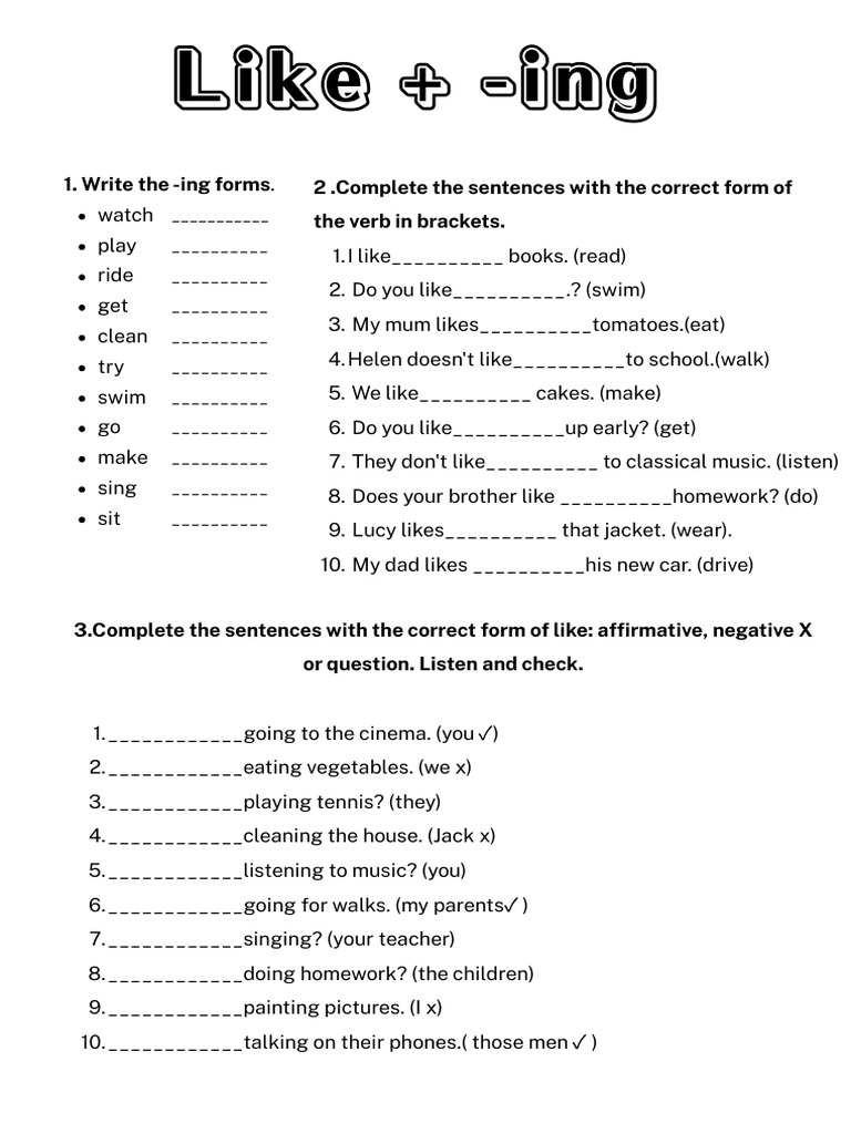 Like + - Ing Worksheet | PDF