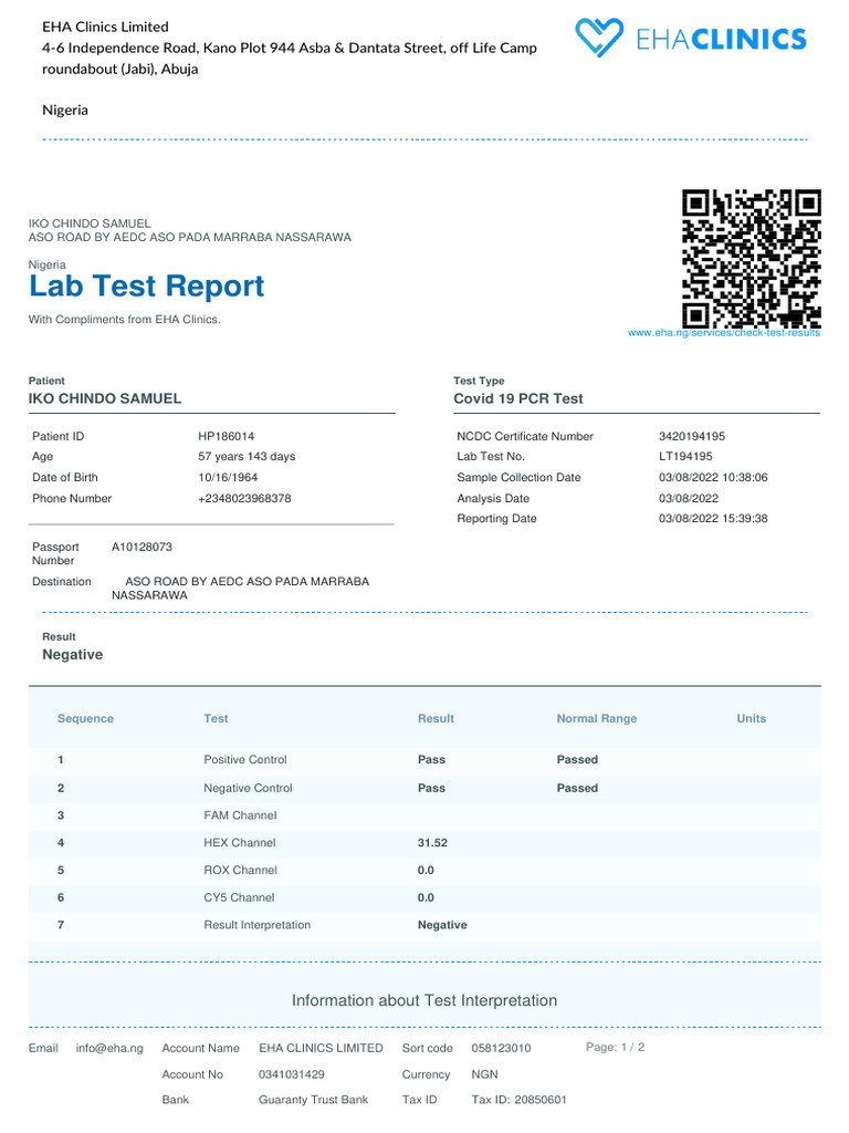 COVID-19 PCR Test Result for Iko Chindo Samuel | PDF | Polymerase Chain ...