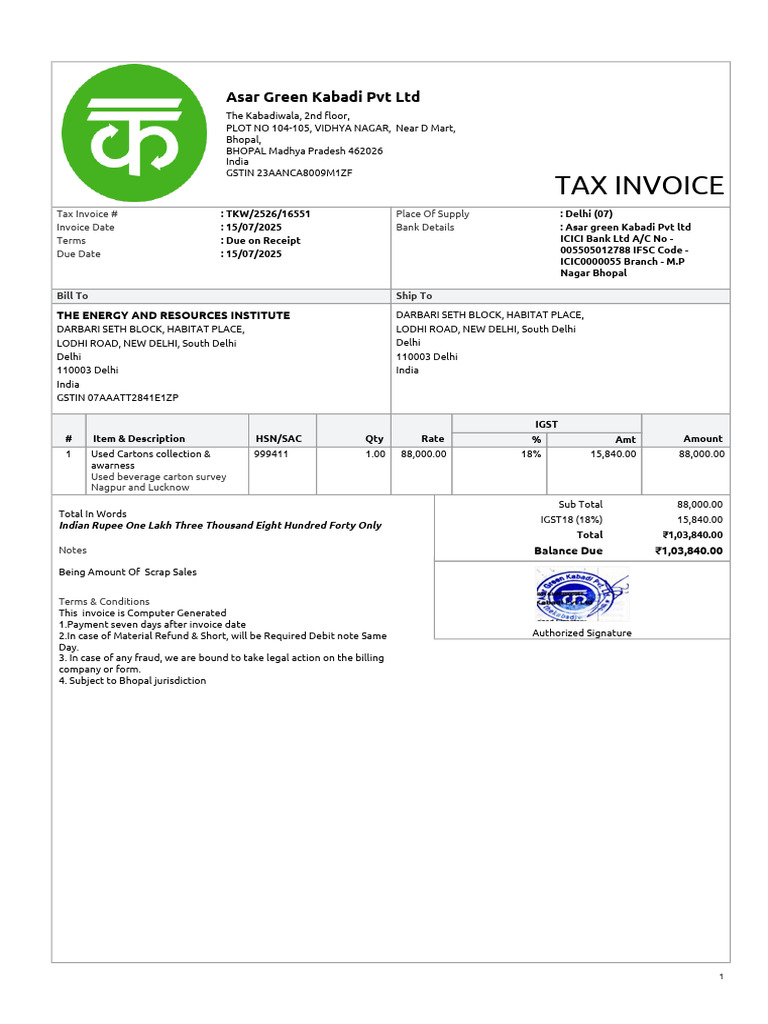 Scrap Sales Invoice for Kabadiwala | PDF | Payments | Taxes