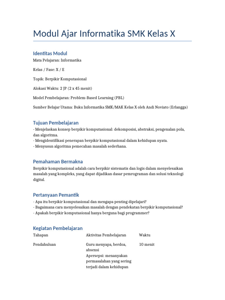 Modul Ajar Informatika Berpikir Komputasional | PDF