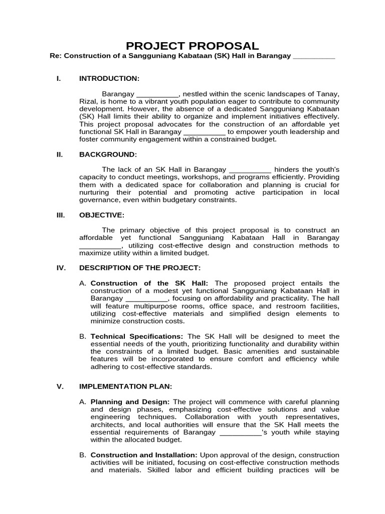 Project Proposal Re Request For Construction of An SK Hall For Scribd | PDF