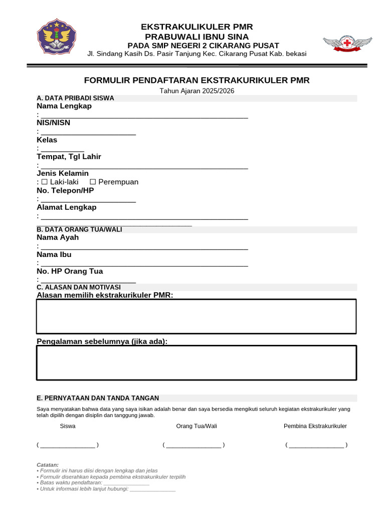 Formulir Pendaftran Esktrakulikuler PMR | PDF
