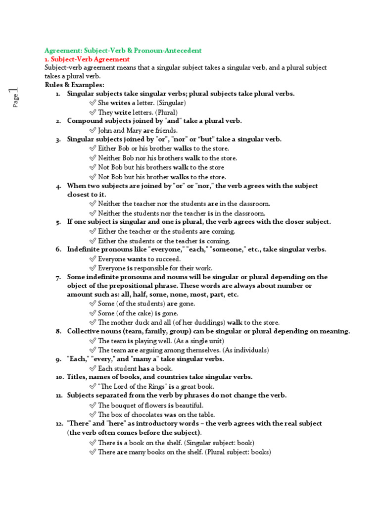 Agreement (Subject - Verb and Pronoun - Antecedent) | PDF | Grammatical ...
