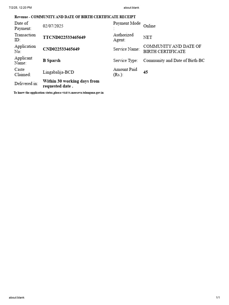 Sparsh - Caste Certi - Mee Seva Recept | PDF