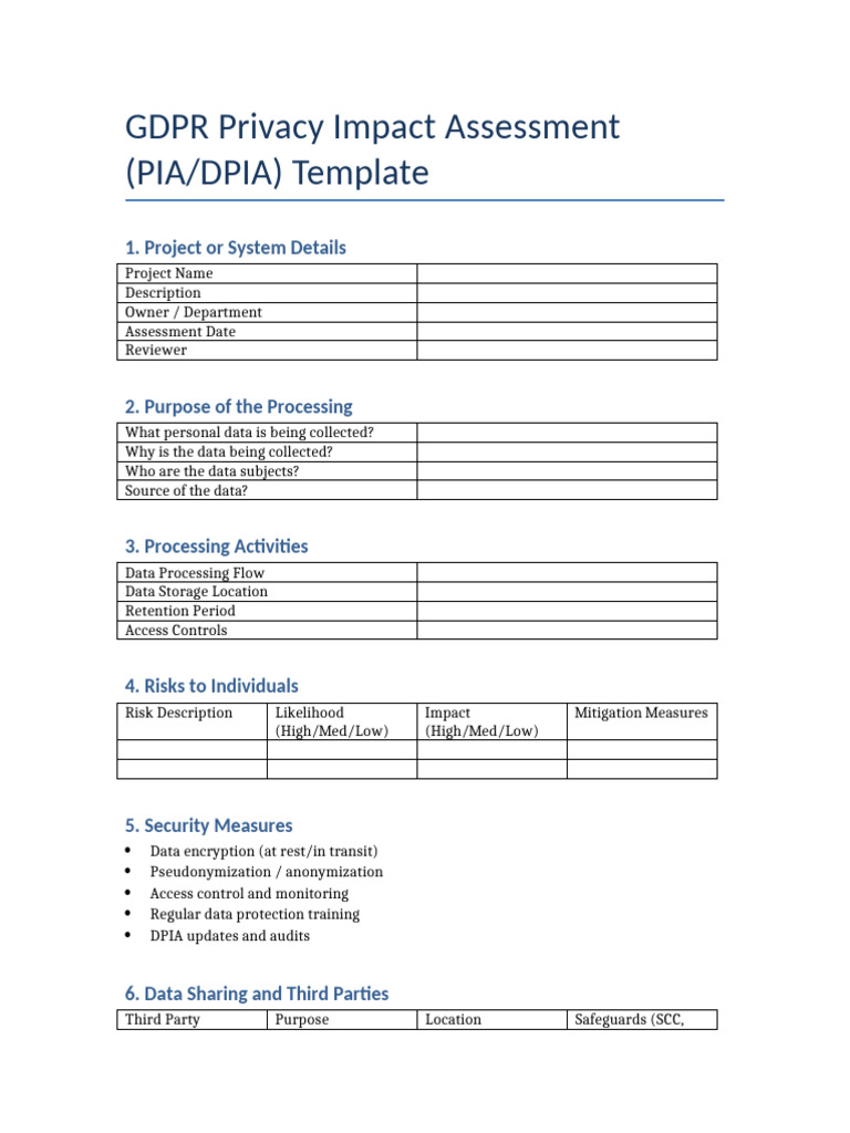 GDPR Privacy Impact Assessment Template | PDF