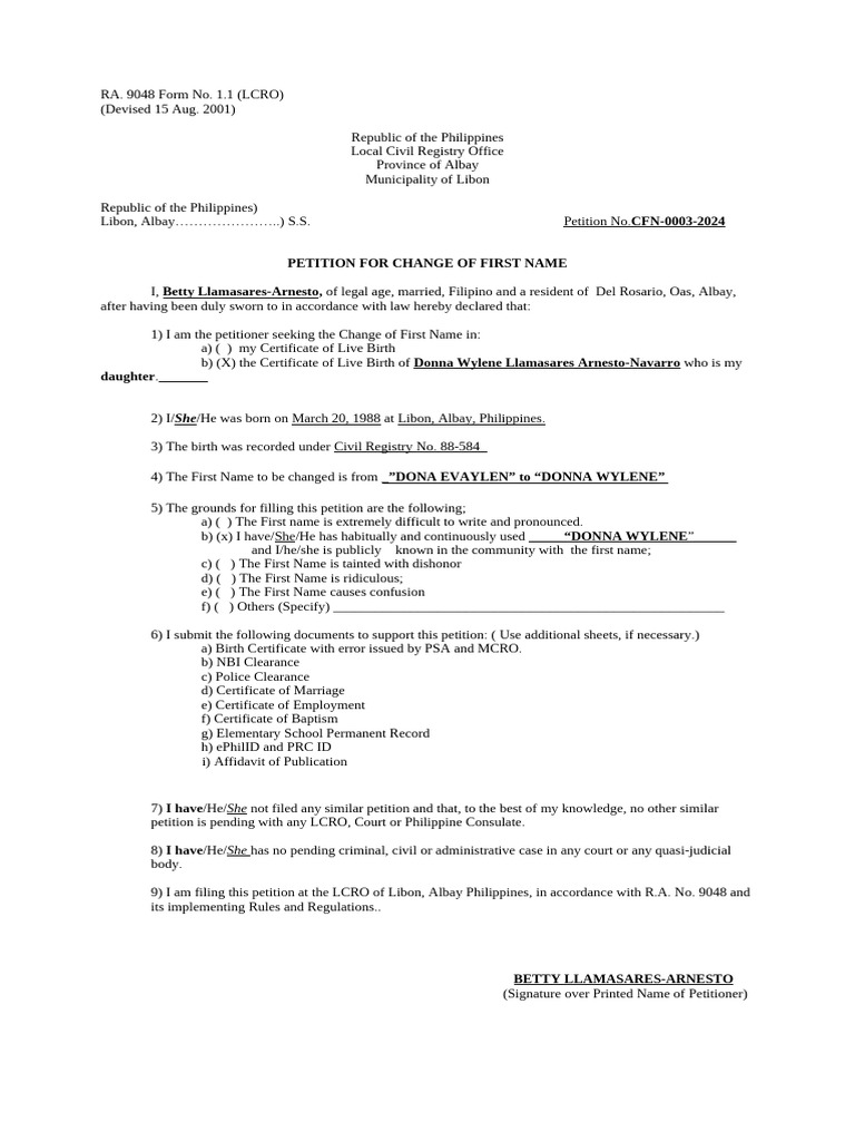 RA 9048 FORM Change of First Name 2023 | PDF | Justice | Crime & Violence
