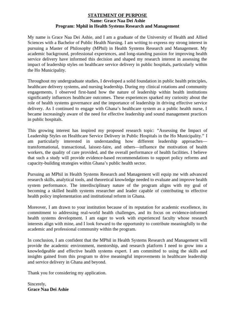 Grace Naa Dei Ashie Statement of Purpose | PDF | Health Care | Leadership