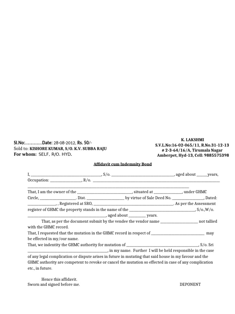 GHMC Affidavit Cum Indemnity Bond - Blank Names | PDF